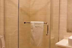 Divisória de chuveiro envidraçada com porta-toalhas e rolo de papel higiênico à mostra.