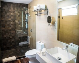Uma casa de banho moderna com cabine de duche em vidro, sanita, lavatório e um espelho grande.