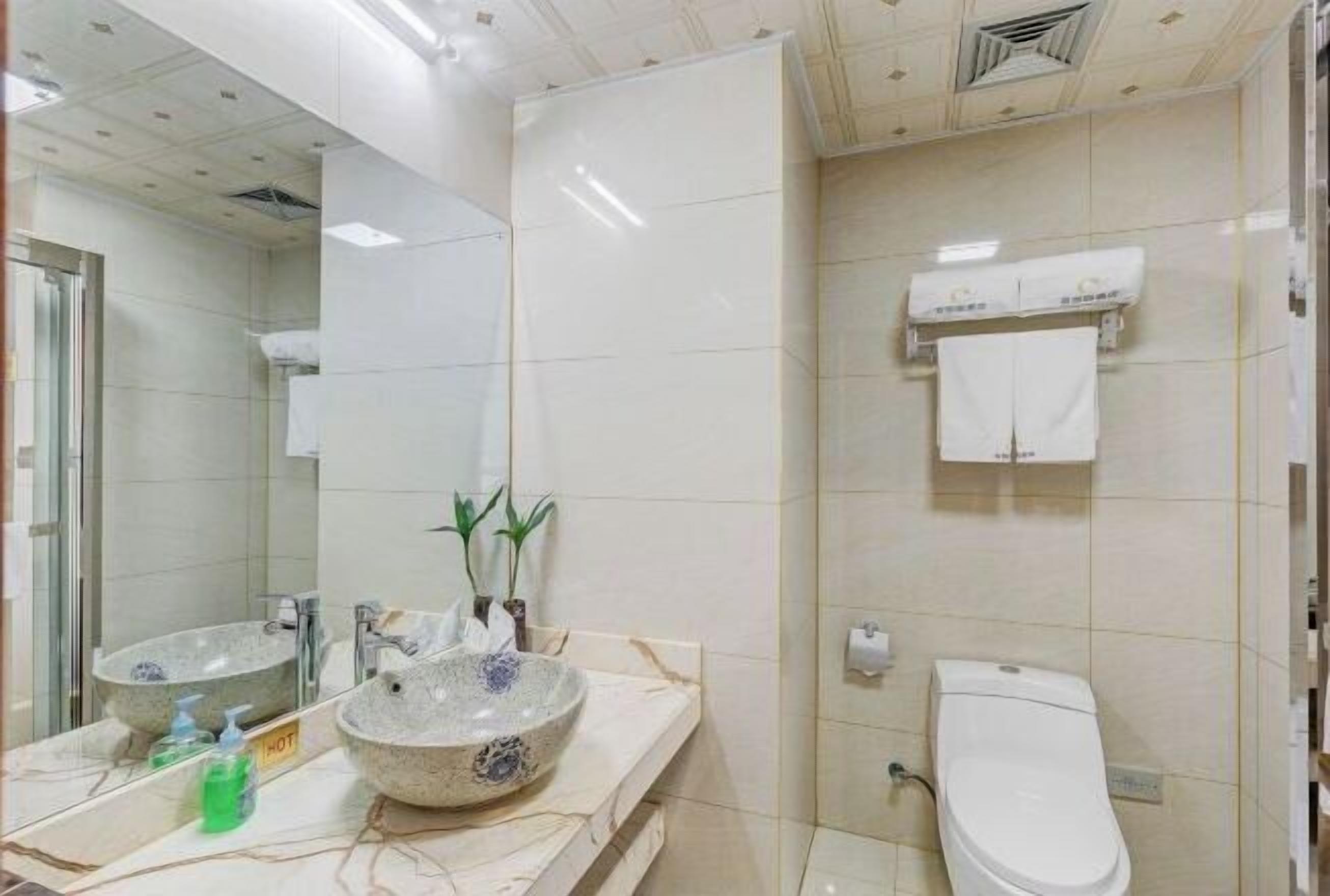 Um banheiro com toucador de mármore, pia com tigela decorativa, espelho, porta-toalhas e vaso sanitário.