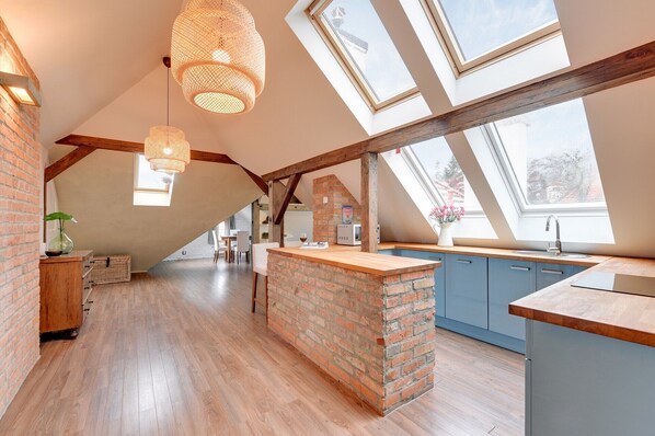 Apartamento Deluxe | Cozinha privada | Um micro-ondas, um forno, uma placa de cozinha