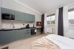 Estúdio Standard, 1 quarto | Cozinha privada | Minifrigorífico, um micro-ondas, um forno, uma placa de cozinha 