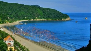 Uma praia costeira com uma grande multidão, céu claro e uma colina arborizada ao fundo.