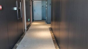 Um corredor com piso revestido de carpete, uma porta no fim e um luminário fixado na parede.