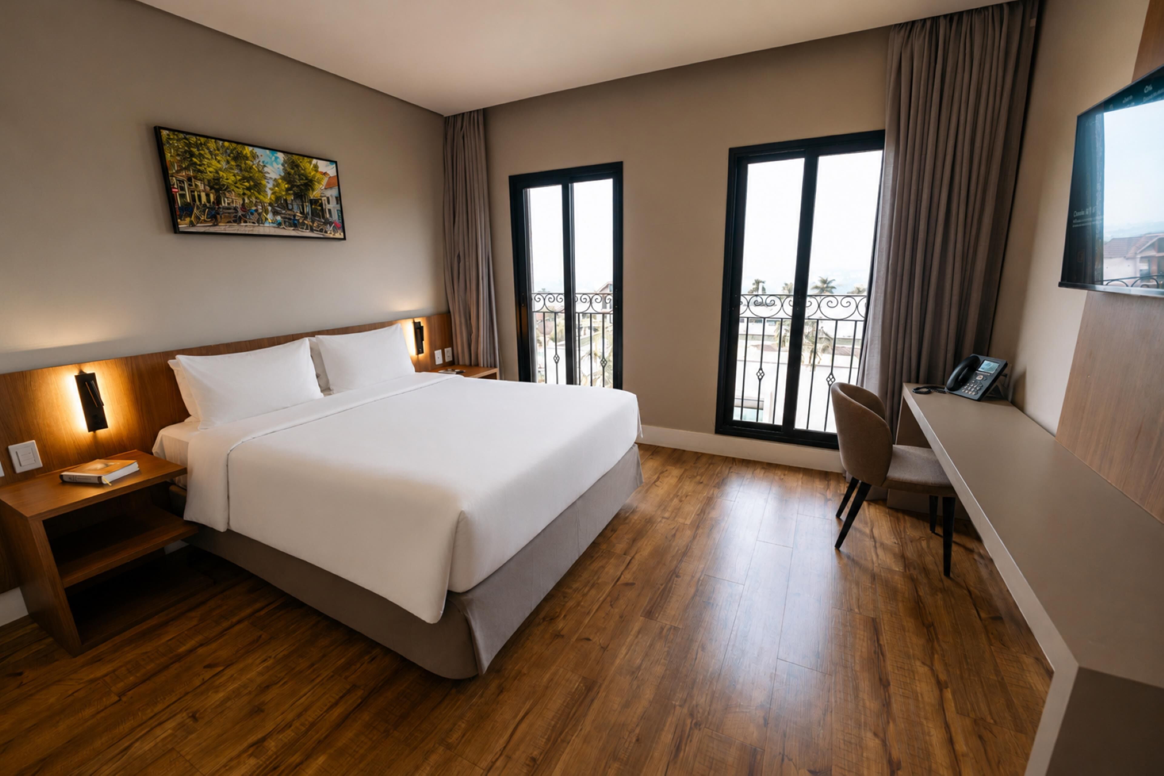 Quarto de hotel com uma cama grande, uma escrivaninha, uma cadeira, um quadro na parede e uma varanda com vista.