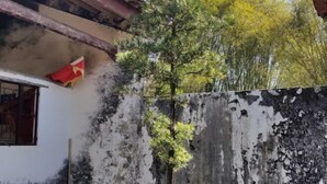 Paredes externas desgastadas com tinta descascando, uma pequena árvore e uma bandeira.