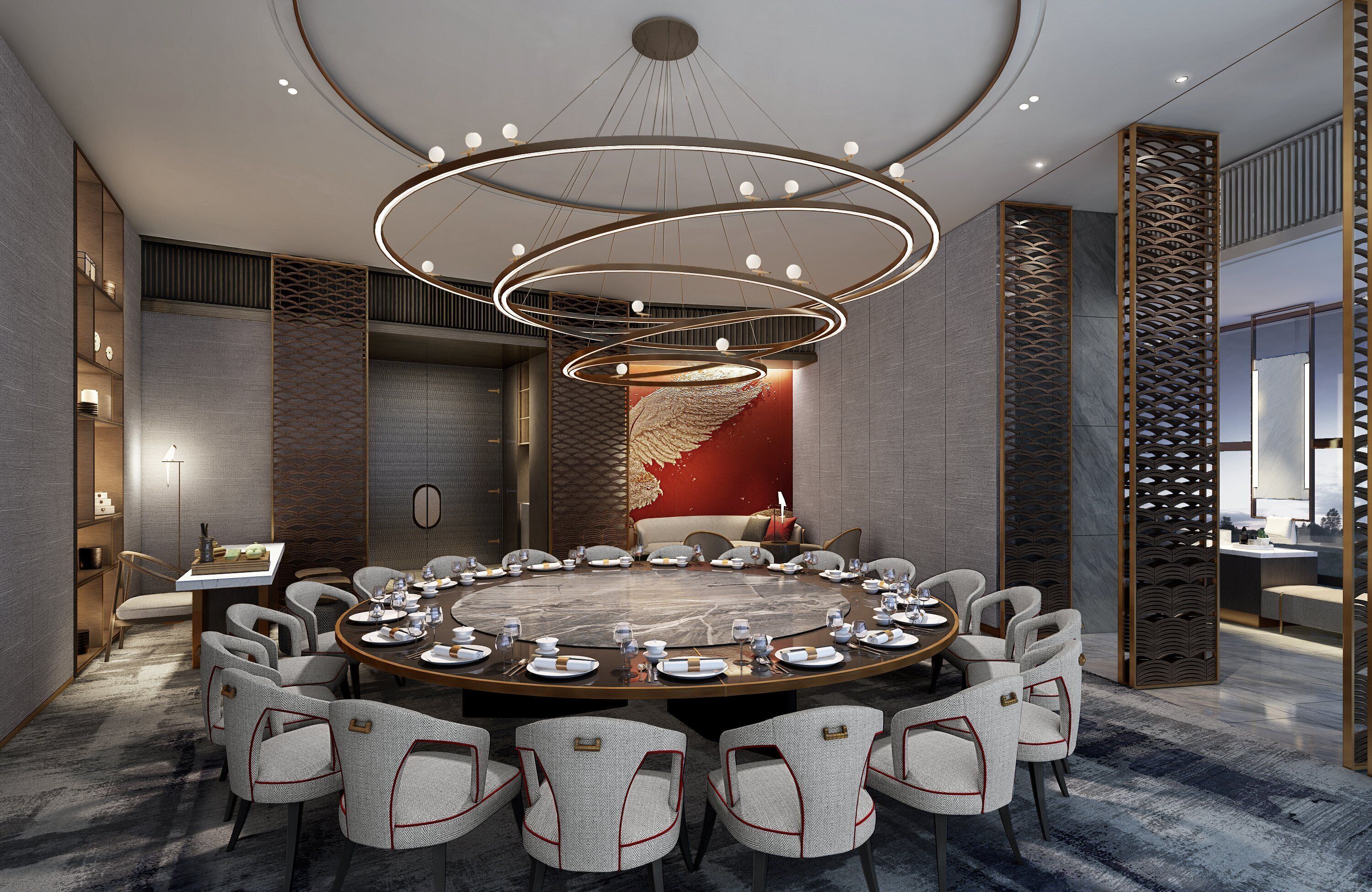 Uma sala de conferências moderna com uma mesa redonda, várias cadeiras e um lustre central.
