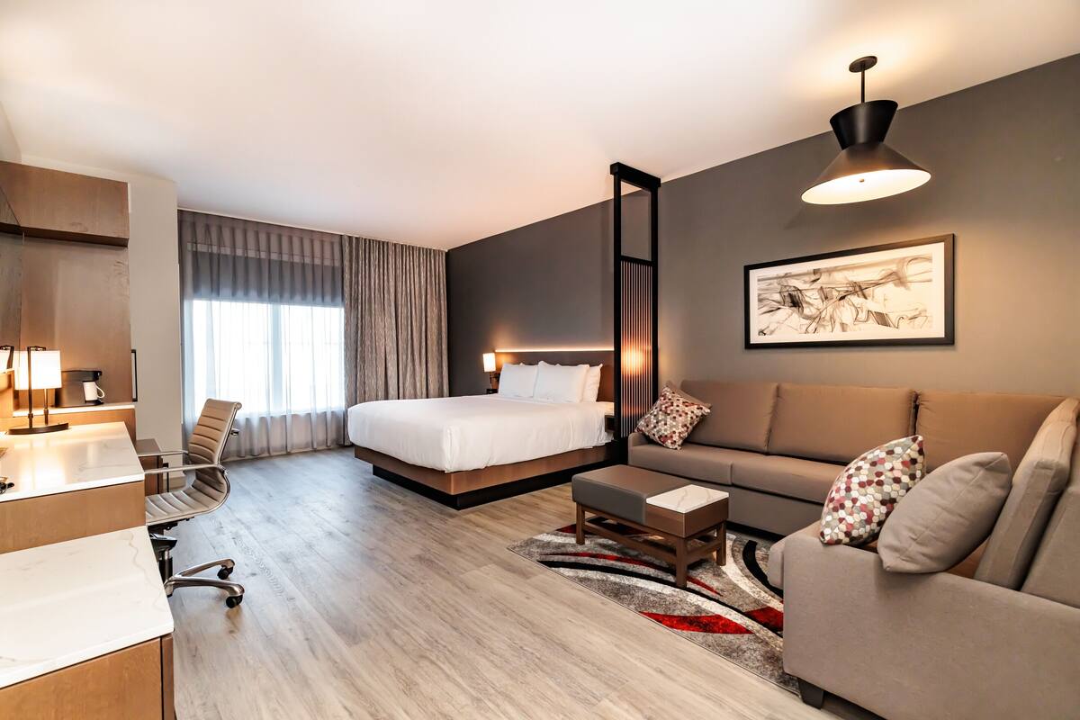 Quarto de hotel moderno com cama, sofá, escrivaninha e uma janela grande.