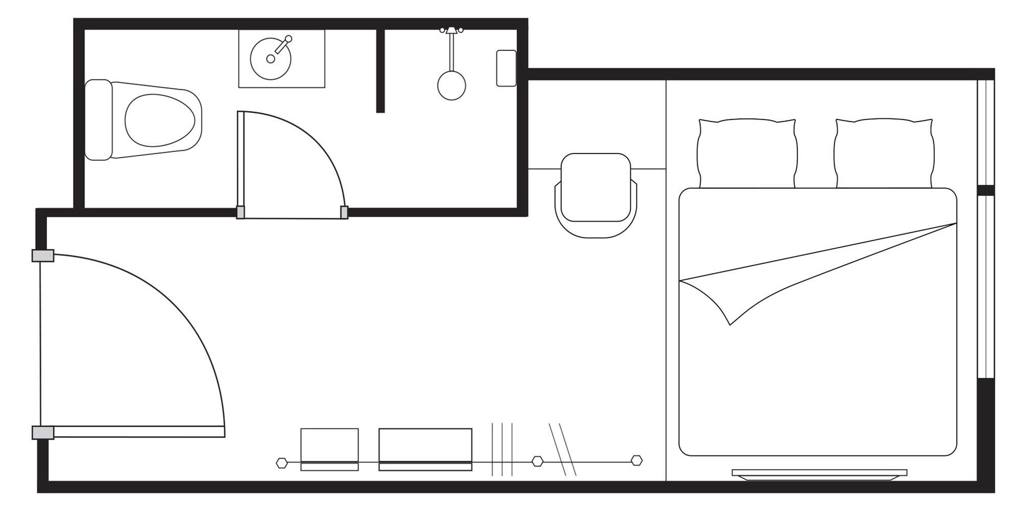 Planta baixa com um quarto, banheiro e sala de estar.