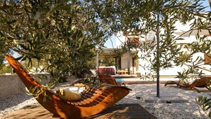 Uma rede sob uma oliveira, piscina e deck de madeira.