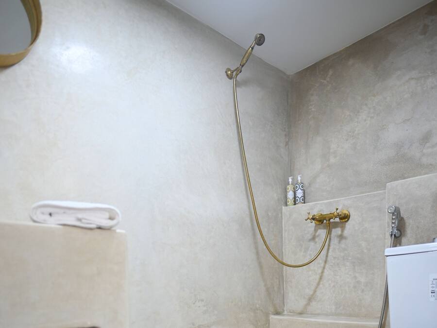 Casa de banho com chuveiro, sanita e porta-toalhas.