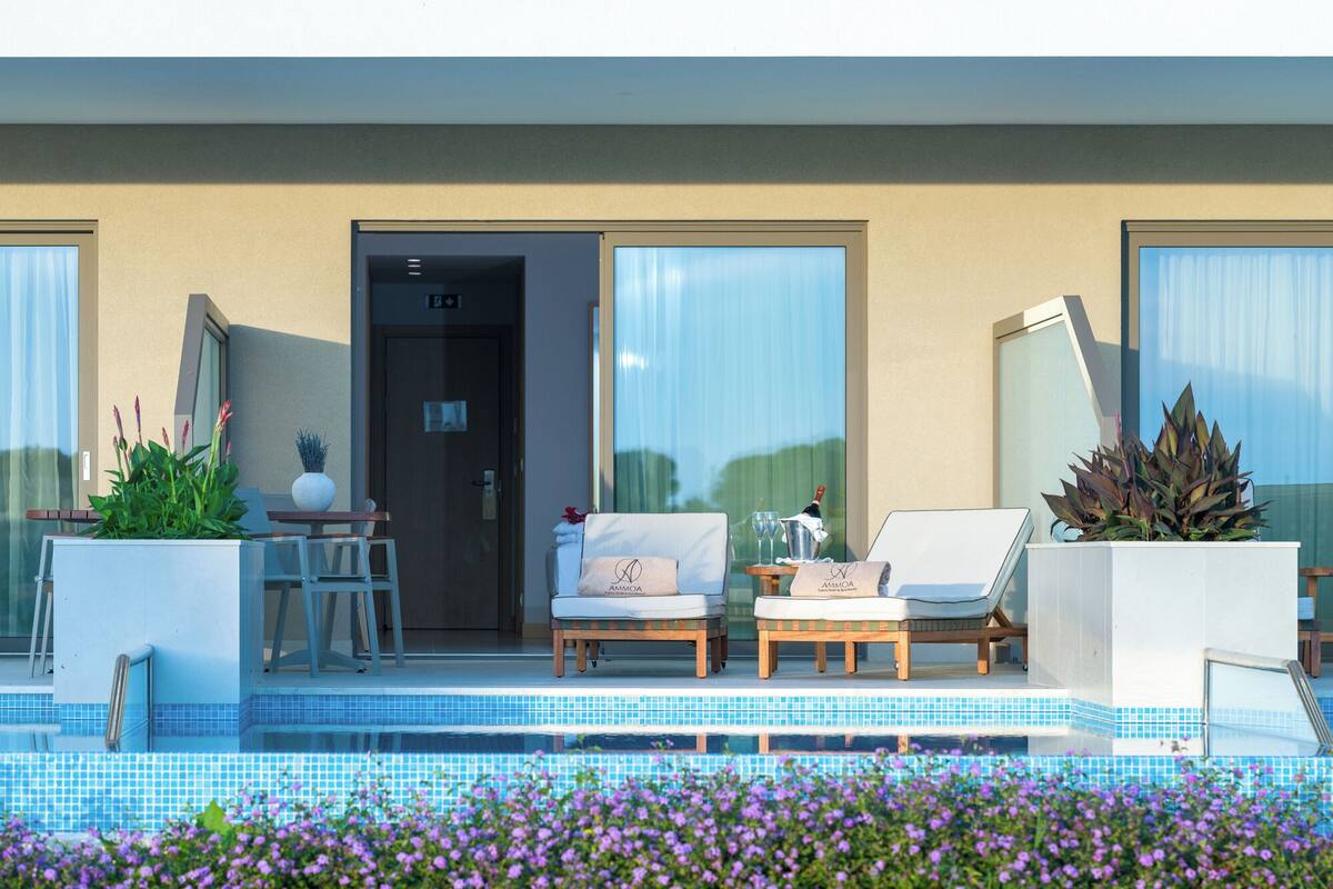 Área junto à piscina com sofá, cadeiras, mesa, porta e planta em vaso.