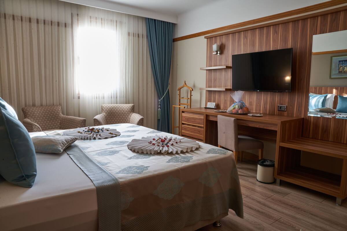 Quarto de hotel com uma cama, escrivaninha, televisão e guarda-roupa.