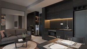 Apartamento Superior, 2 quartos (King) | Cozinha privada | Um frigorífico, um micro-ondas, uma placa de cozinha