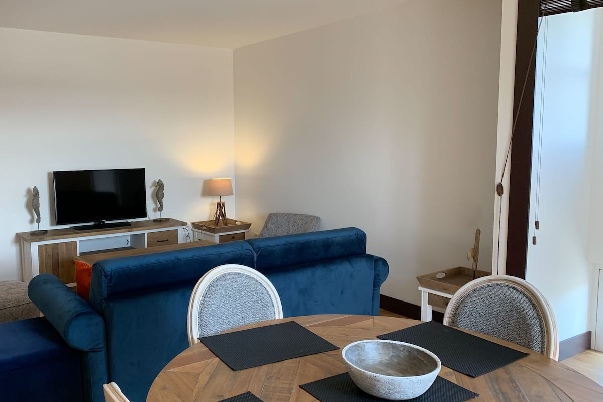 Uma sala de estar com um sofá azul, uma televisão, uma mesinha e uma mesa de jantar com jogos americanos e uma tigela.