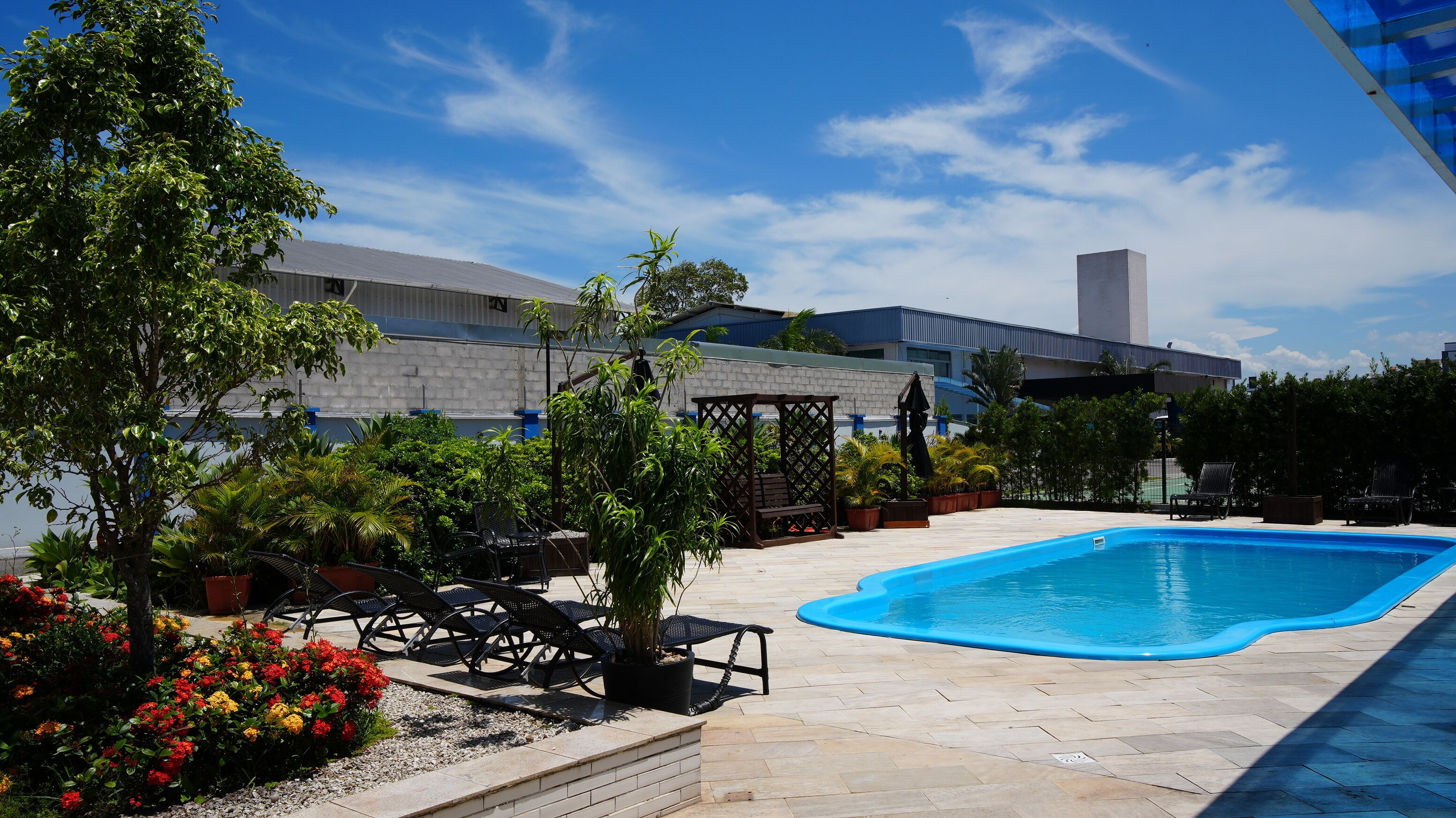 Piscina com espreguiçadeiras e plantas em vasos.