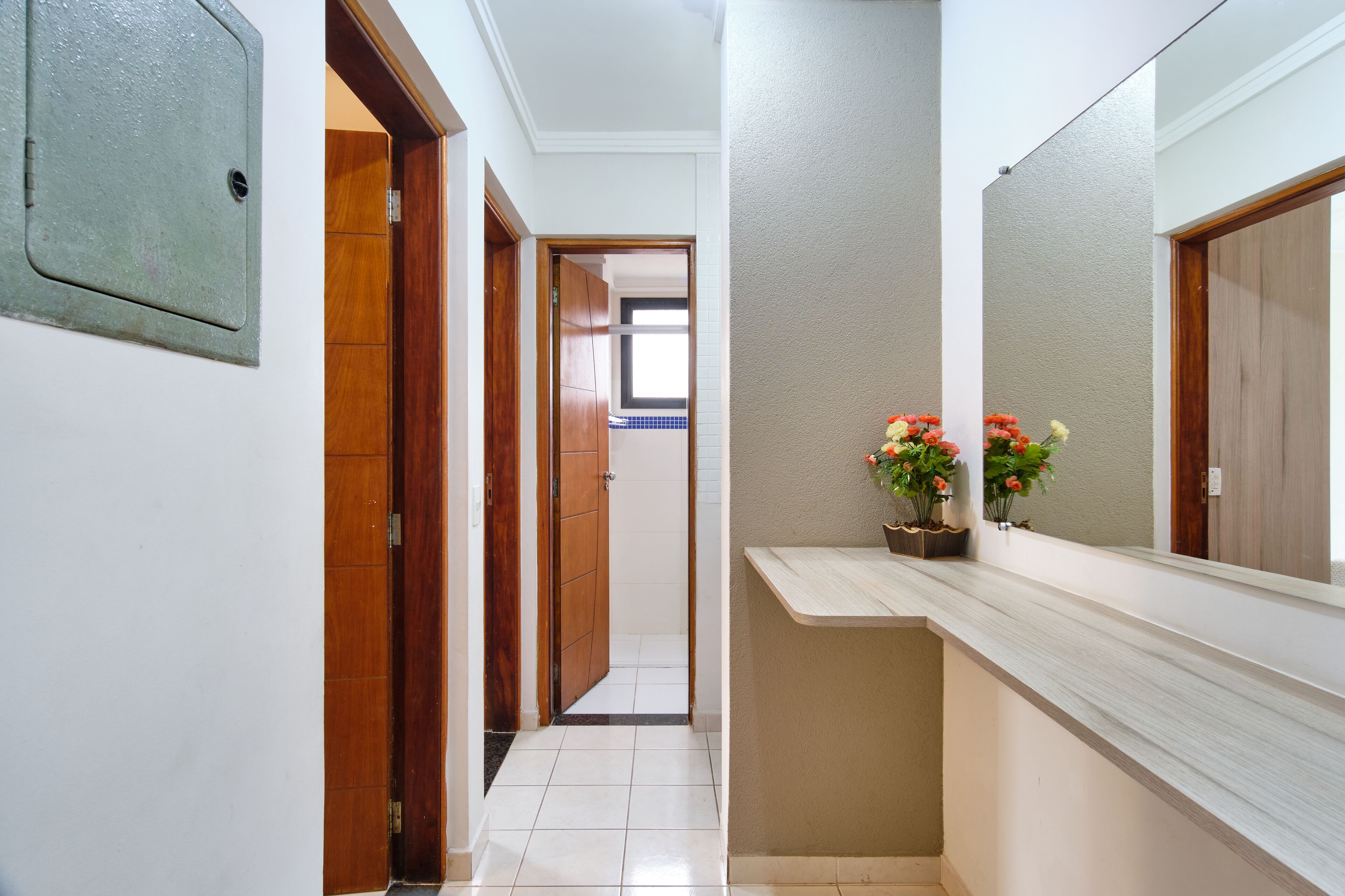Um corredor com porta de madeira, um espelho e um vaso com planta.