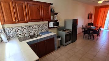 Apartamento superior | Cozinha privada | Geladeira grande, micro-ondas, fogão, cooktop