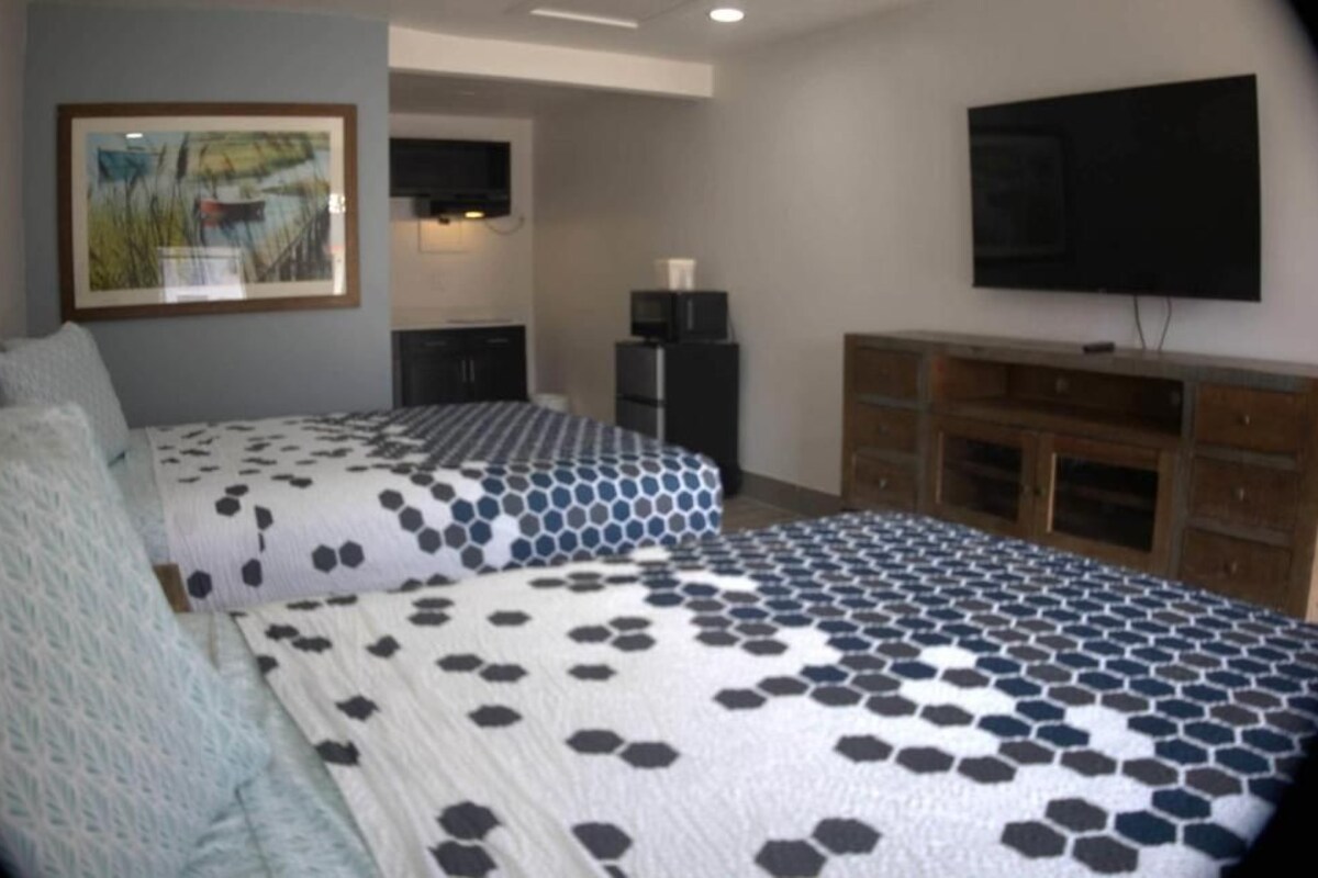 Quarto com duas camas, TV, micro-ondas e frigorífico.