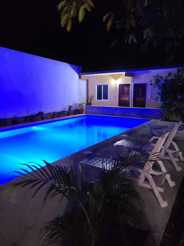Uma piscina iluminada em azul, uma casa moderna com porta e janelas, e alguns vasos com plantas.
