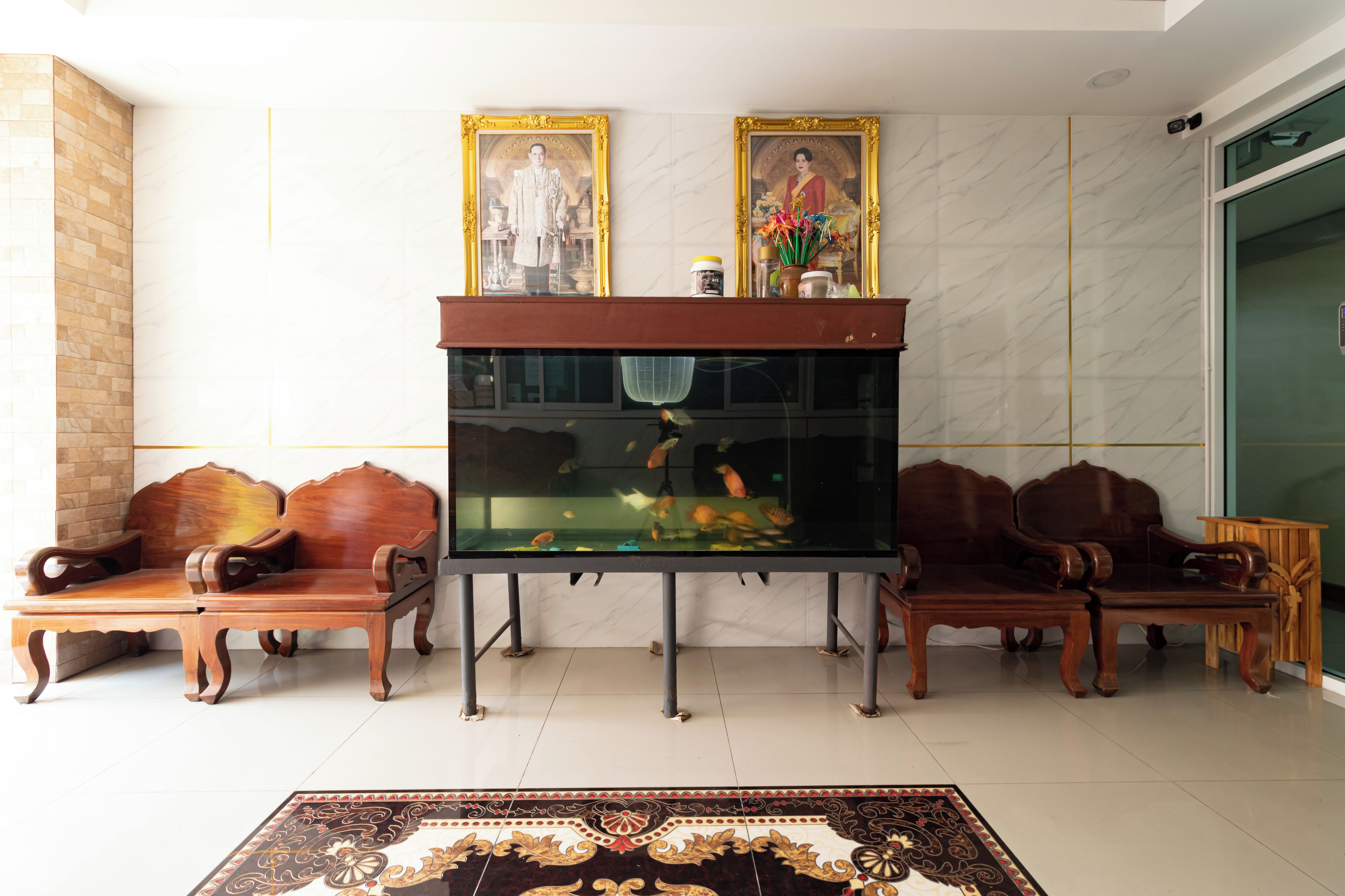 Um quarto com um aquário, dois sofás de madeira, um tapete estampado e dois retratos emoldurados na parede.