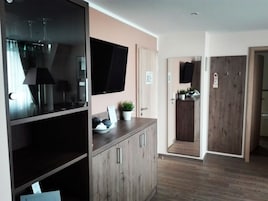 Um interior moderno com televisão de tela plana, armários de madeira, uma planta em vaso e uma área de cozinha com porta de madeira.