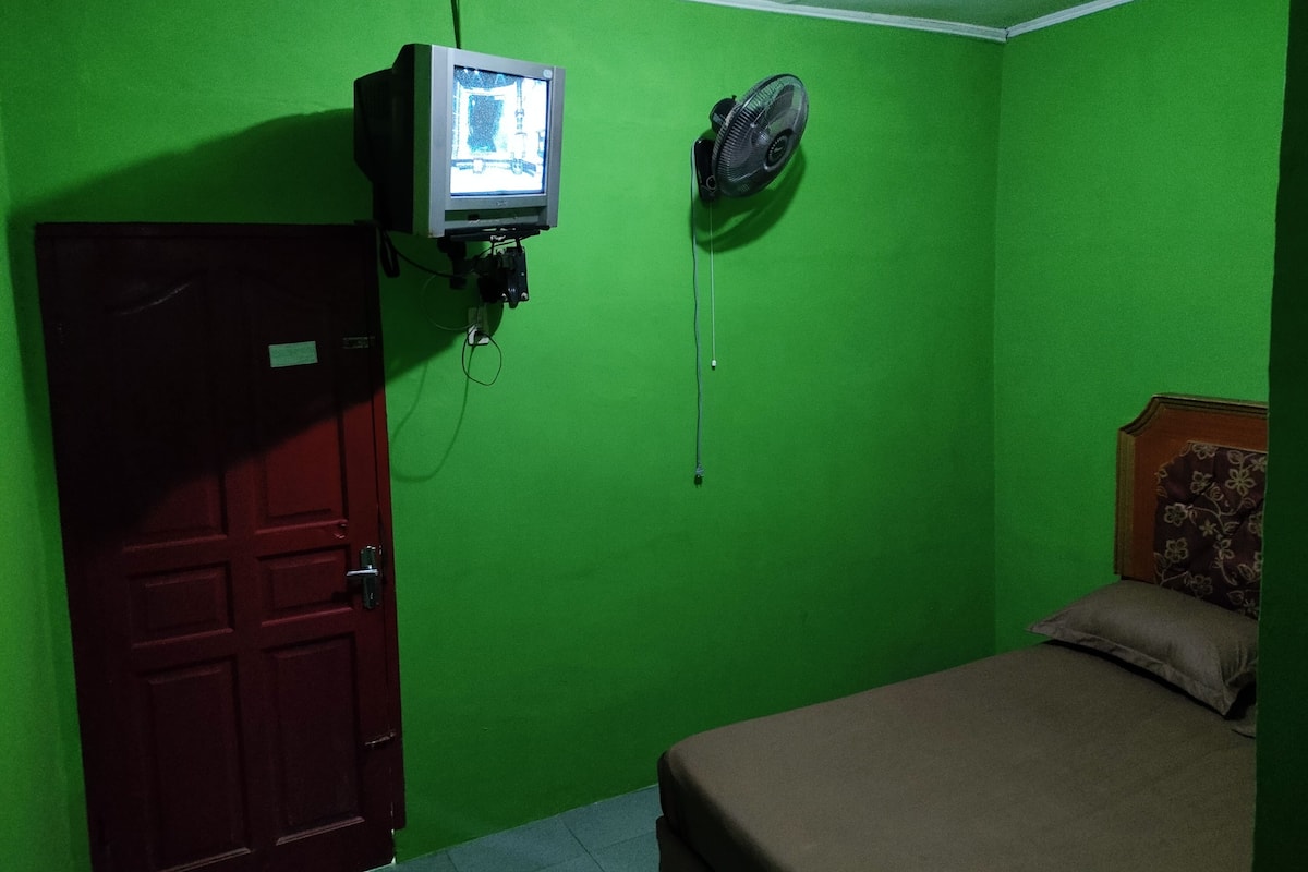 Quarto com paredes verdes, cama com colchão marrom, porta de madeira, ventoinha fixada na parede e televisão sobre um suporte.