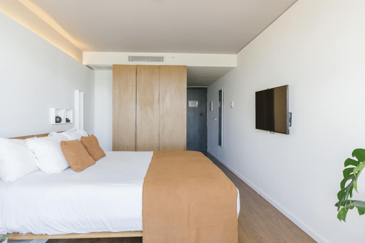 Quarto de hotel moderno com uma cama grande, um guarda-roupa, televisão de tela plana e uma planta em vaso.