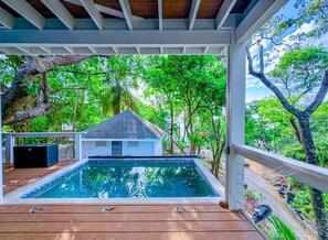 Piscina coberta com deck de madeira, rodeada por vegetação exuberante e um pequeno edifício branco.