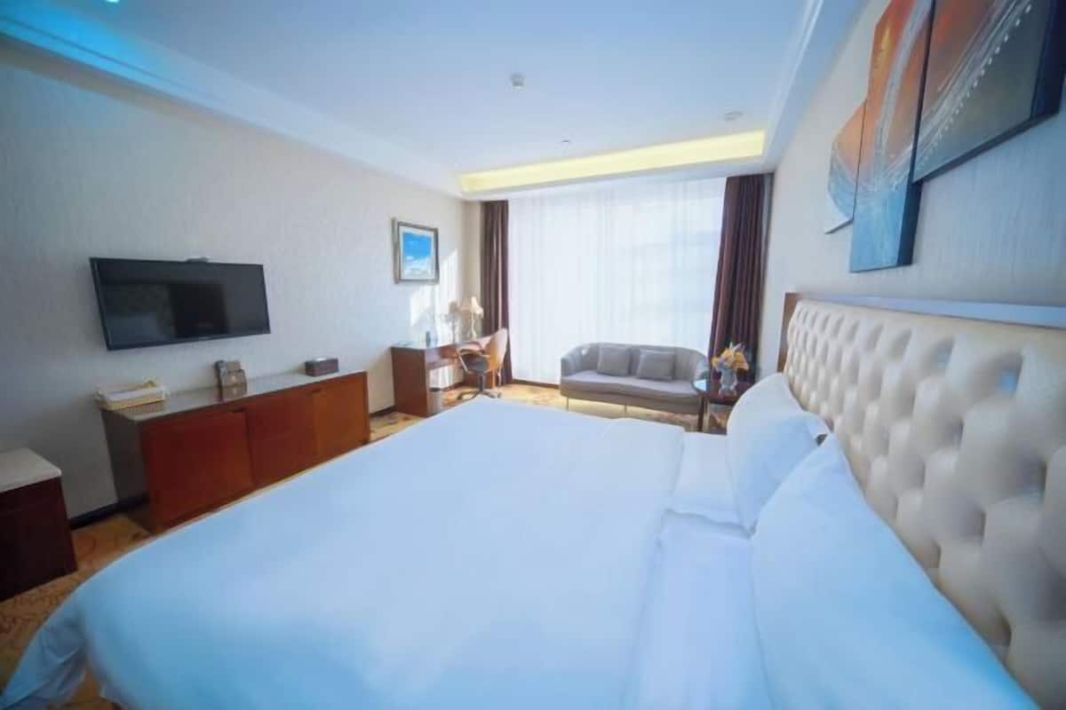 Quarto de hotel com uma cama grande, televisão, escrivaninha, sofá e janela com cortinas.