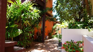 Um caminho estreito ladeado por vegetação exuberante e uma parede branca, conduzindo a um edifício com fachada laranja.