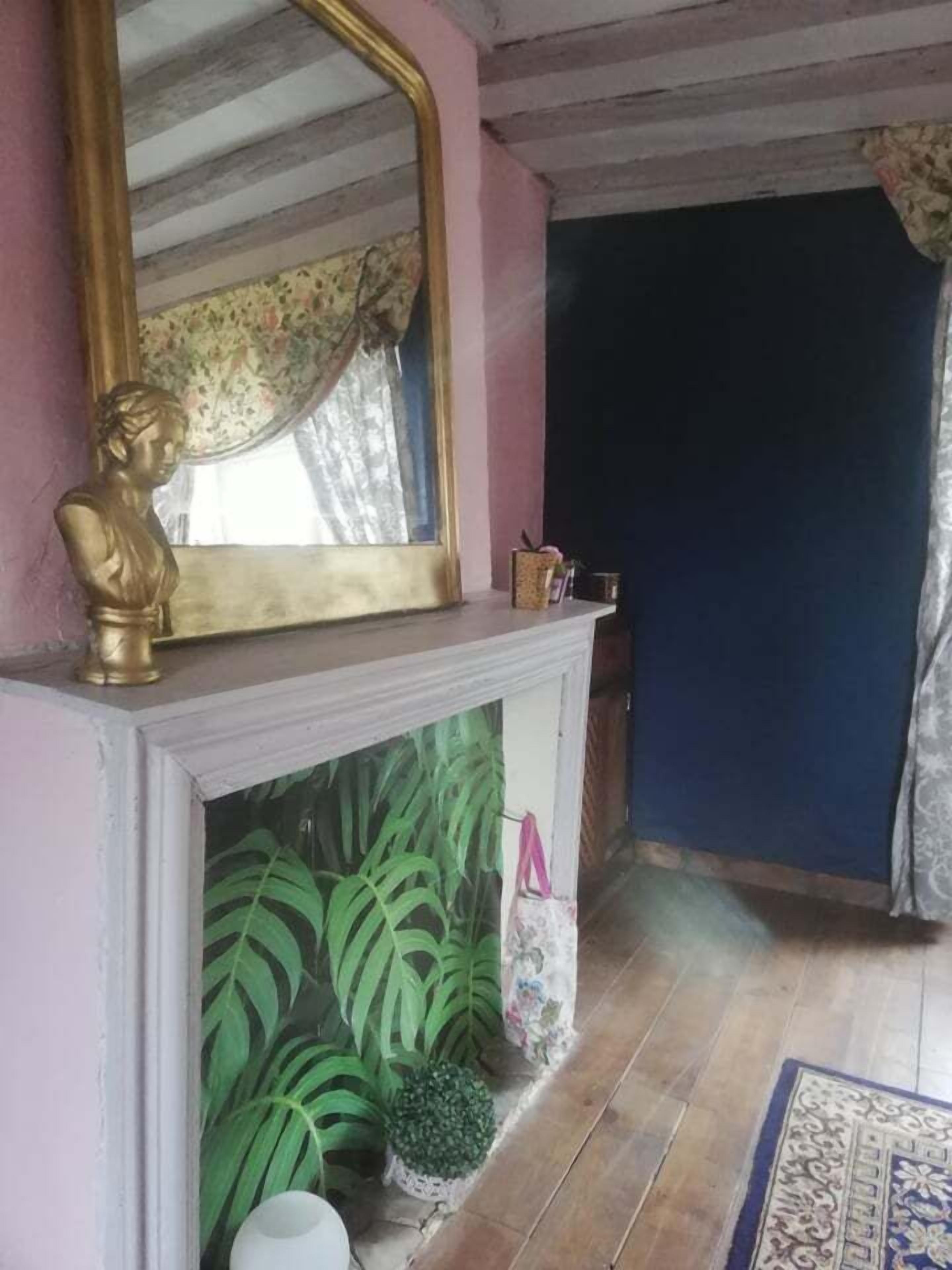 Quarto com lareira, espelho com moldura dourada e uma estátua em cima. Há plantas e um tapete no chão.