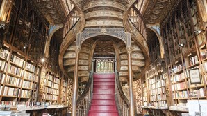 Uma biblioteca imponente com arquitetura requintada, uma escadaria central e estantes repletas de livros.