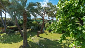 Um jardim bem cuidado com diversas árvores, gramado e um caminho de pedra.