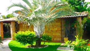 Uma casa com telhado em telhas, uma palmeira e um jardim bem cuidado.