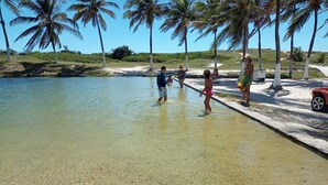 Uma piscina cristalina com pessoas nadando e relaxando ao redor, cercada por palmeiras e um carro vermelho ao lado.