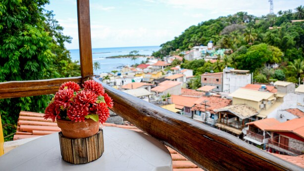 Varanda com arranjo de flores vermelhas em vasos, com vista para uma cidade costeira, edifícios e áreas verdes.