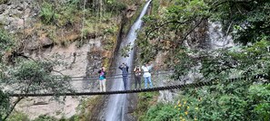 Uma ponte suspensa com uma cascata ao fundo.