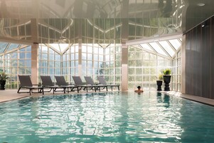 Piscina interior com paredes de vidro transparente, espreguiçadeiras e plantas em vasos.