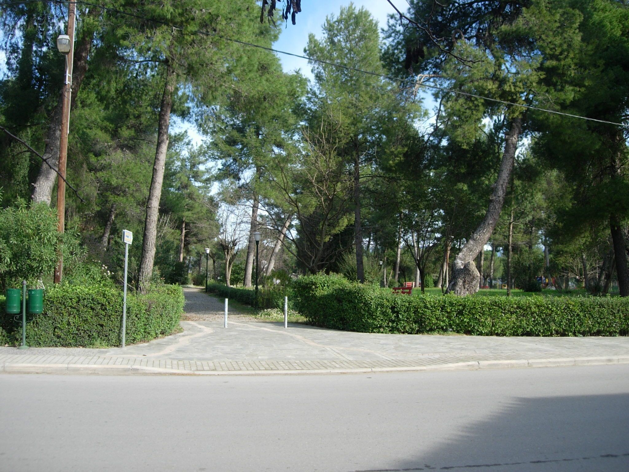 Uma trilha pavimentada que conduz a uma área arborizada, com bancos e postes de luz.