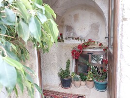 Uma porta rústica com moldura de madeira, uma pequena janela e diversos vasos de plantas.