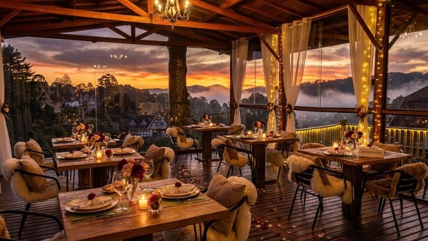 Restaurante com várias mesas preparadas para refeições, com velas e flores.
