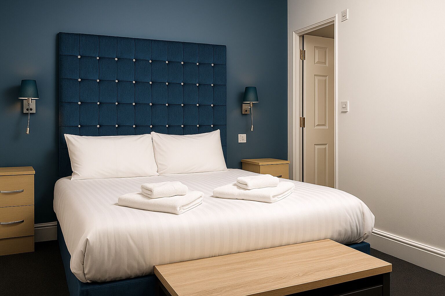 Cama bem arrumada com lençóis brancos e duas toalhas dobradas, mesa de cabeceira de madeira, painel de cama estofado em azul, duas luminárias fixadas na parede e uma porta fechada.