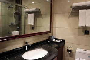 Um banheiro com um espelho grande, pia, vaso sanitário e porta-toalhas.