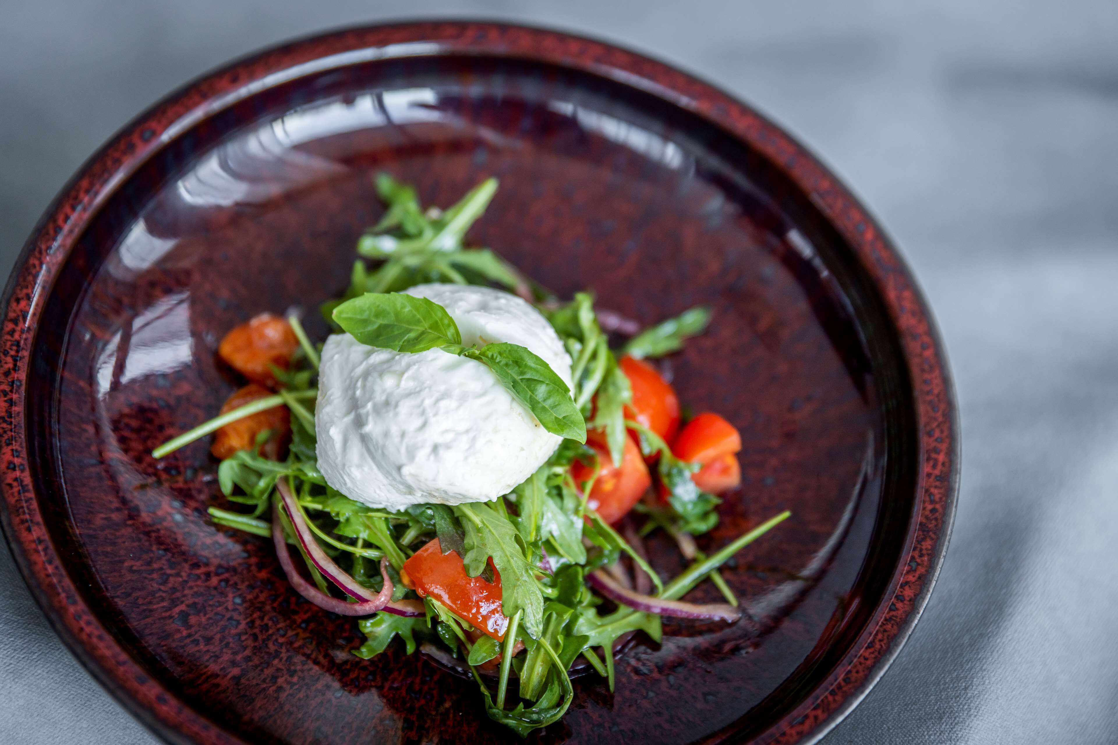 Um prato de cerâmica escura com uma salada de folhas verdes, tomates e um pouco de molho branco.