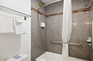 Casa de banho com chuveiro, banheira e sanita.