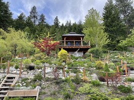 Uma cabana de madeira com varanda, rodeada por um jardim com diversas plantas e pedras.
