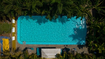 Vista aérea de uma piscina retangular cercada por palmeiras e um deck de azulejos.