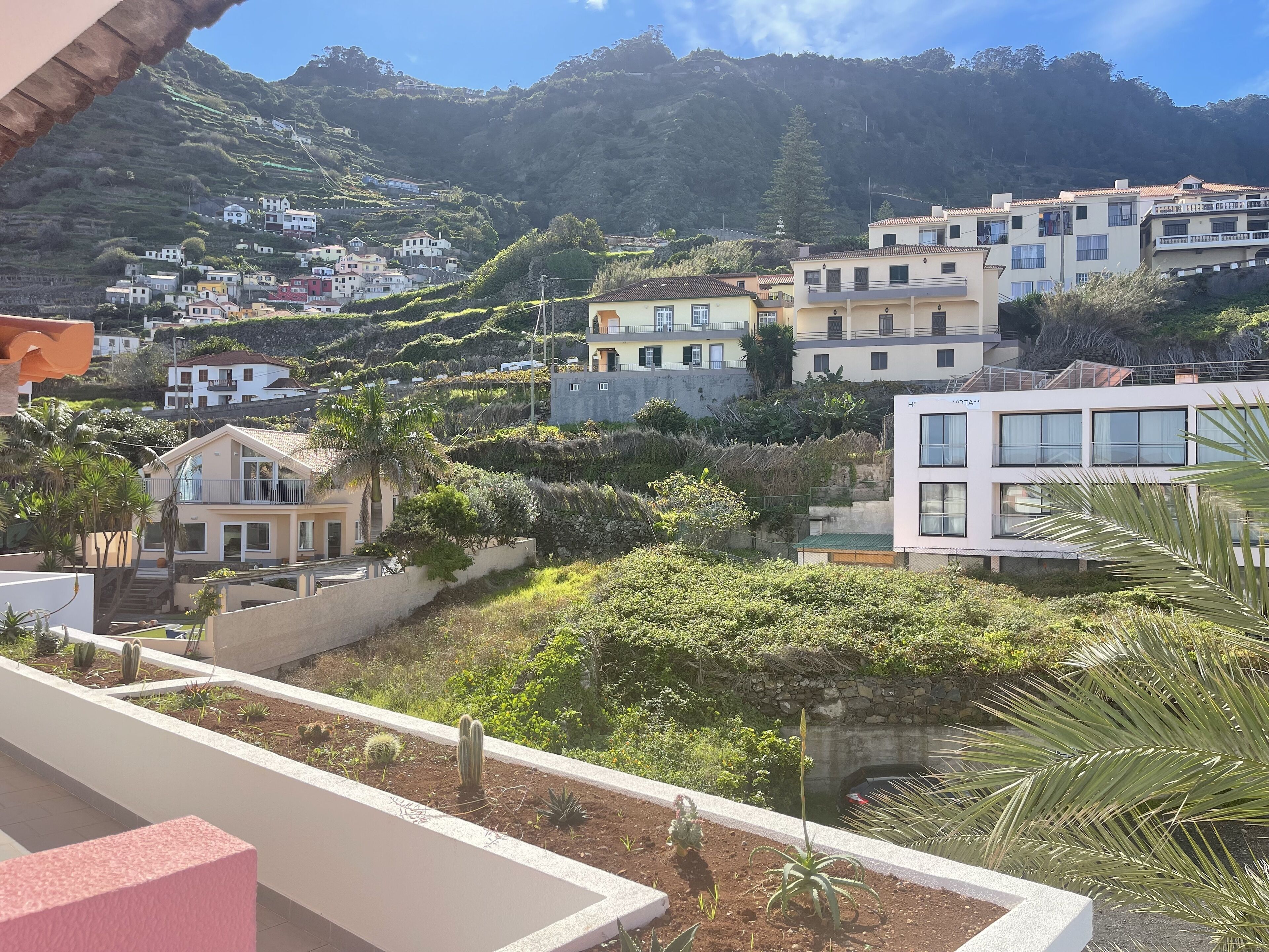 Área residencial com casas numa encosta, um edifício moderno com a identificação 'HC' e um jardim com diversas plantas.