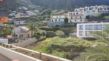 Área residencial com casas numa encosta, um edifício moderno com a identificação 'HC' e um jardim com diversas plantas.