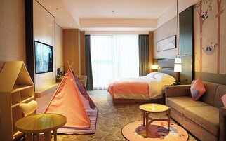Quarto de hotel com cama, sofá, mesa pequena, cadeira, tenda e televisão.
